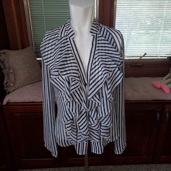 Cache | Tops | Cache Navywhite Stripe Chiffon Ruffled Blouse Top | Poshmark